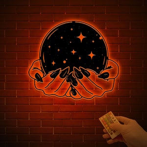 Crystal Ball Metal Wall Art With Led Lights, Witch Hands, Halloween ...