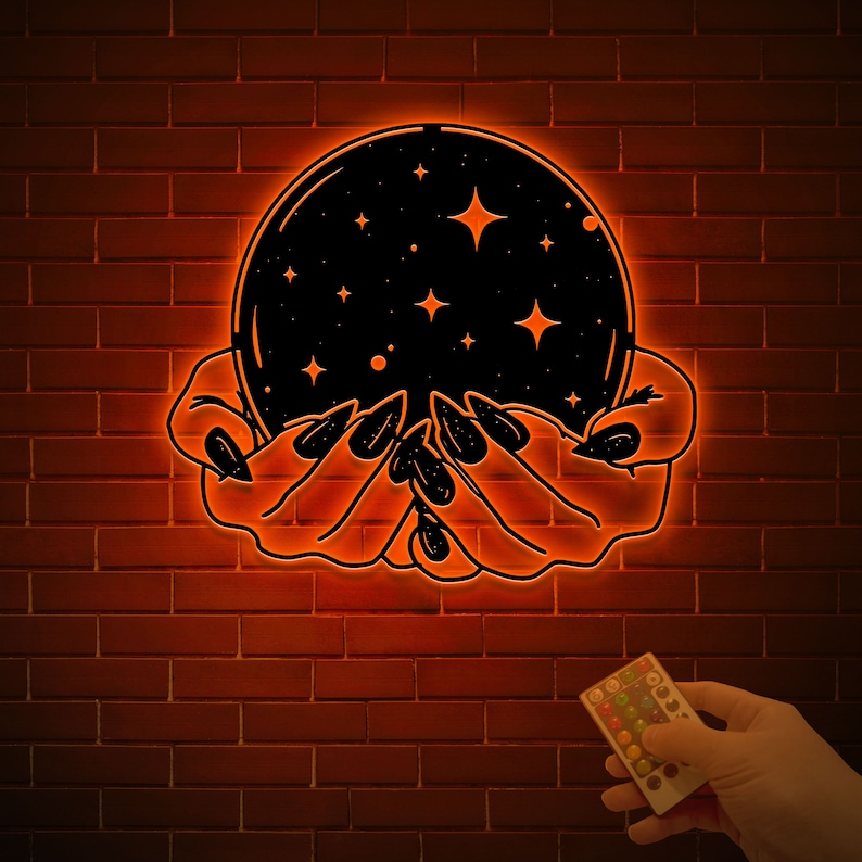 Crystal Ball Metal Wall Art With Led Lights, Witch Hands, Halloween ...