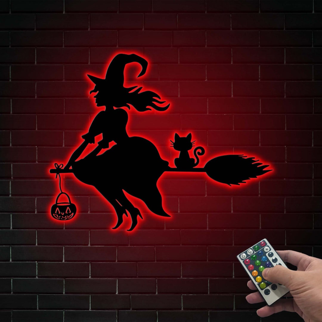 Halloween Flying Witch Sign With LED Lights, Witch With Black Cat Sign ...