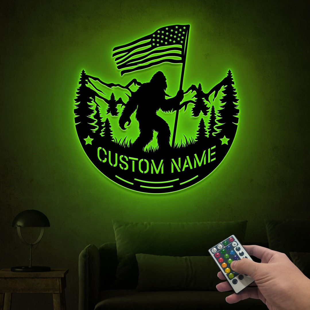 Personalized Bigfoot US Flag Metal Wall Art With LED Lights, Custom ...