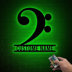 Custom Bass Clef Sign With Led Light, Bass Clef Note Metal Wall Decor ...