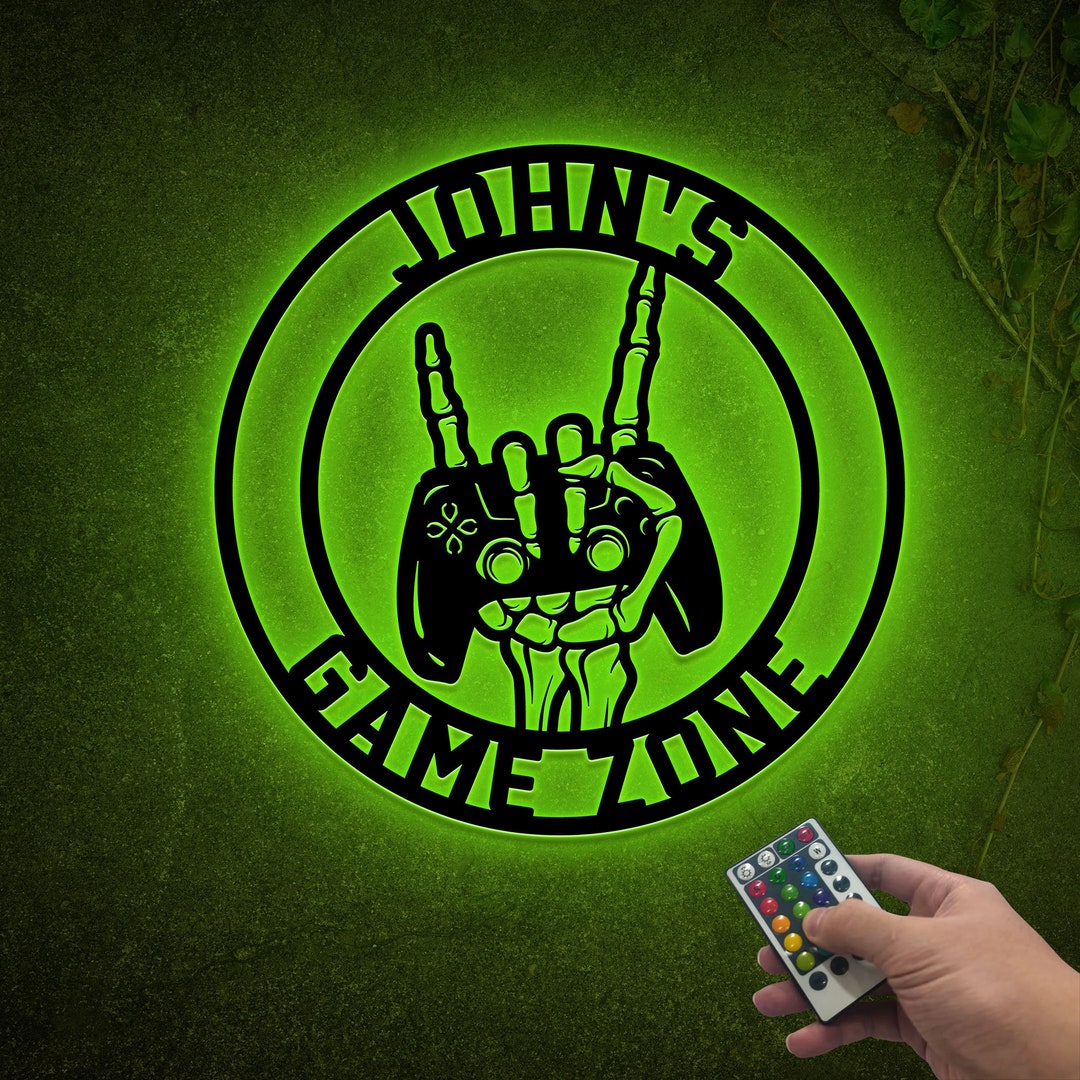 Custom Game Zone Metal Wall With Lights, Skeleton Hand Holding Game ...
