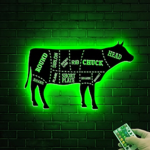 Cow Butcher Diagram Cuts of Beef Meat Metal Sign Led Light, Chef Gift ...