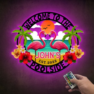 Custom Flamingo Metal Sign With Led Lights, Patio Palm Spring Sign ...