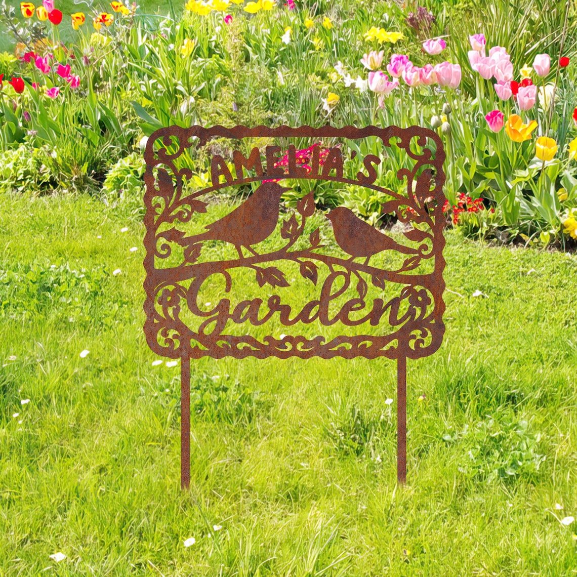 Personalized Garden Metal Sign With Stakes, Custom Garden Name Sign ...