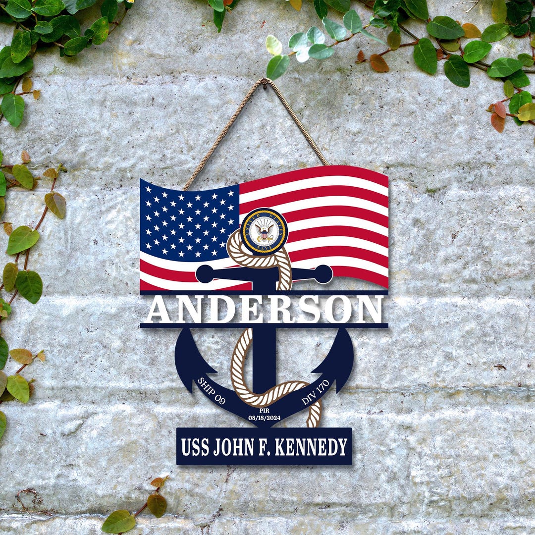Personalized Navy Anchor Wood Sign, US Flag Door Hanger - Etsy