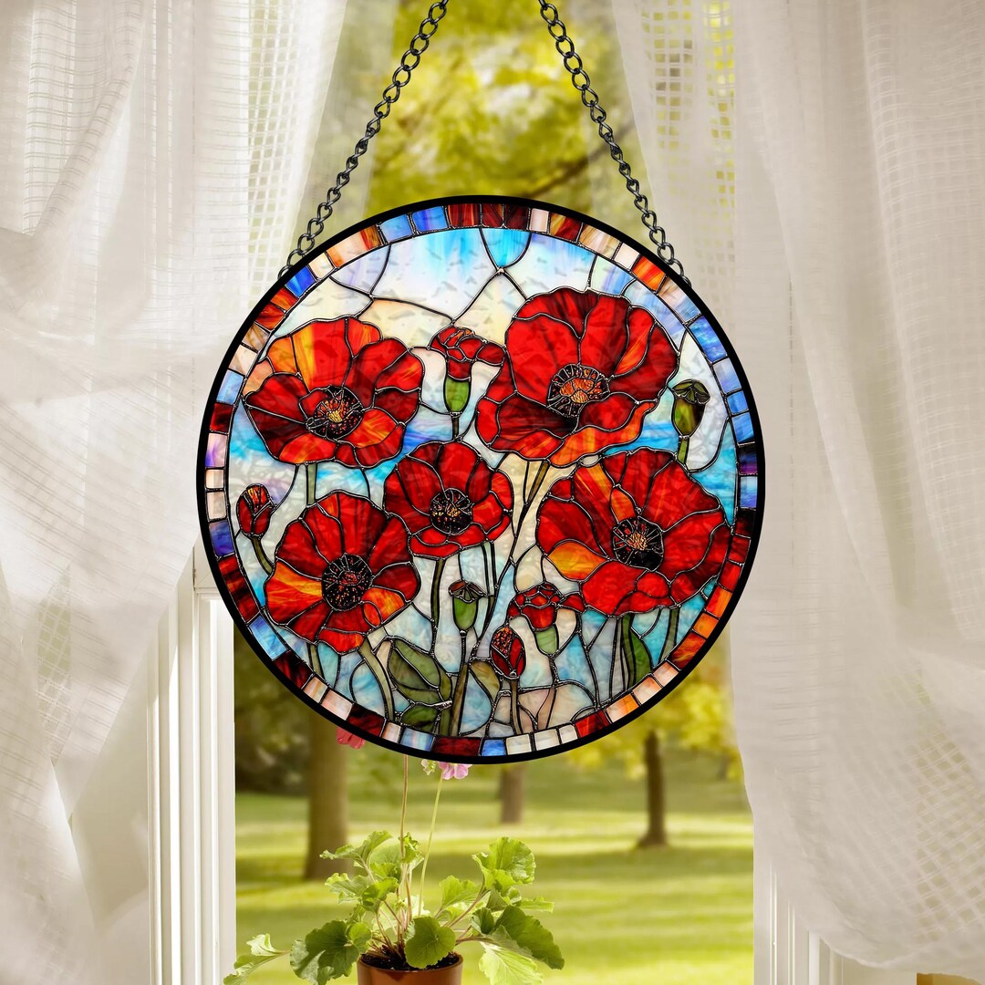 Poppy Flowers Stained Glass Suncatcher, Botanical Window Art - Etsy