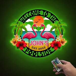 Custom Flamingo Metal Sign With Led Lights, Patio Palm Spring Sign ...