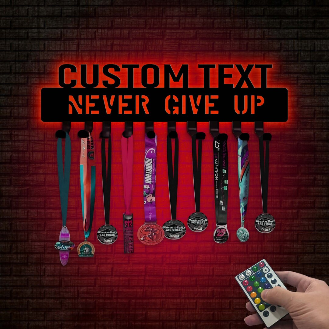 Customized Medal Holder, Metal Sign With Led Light, Never Give Up, Gift ...
