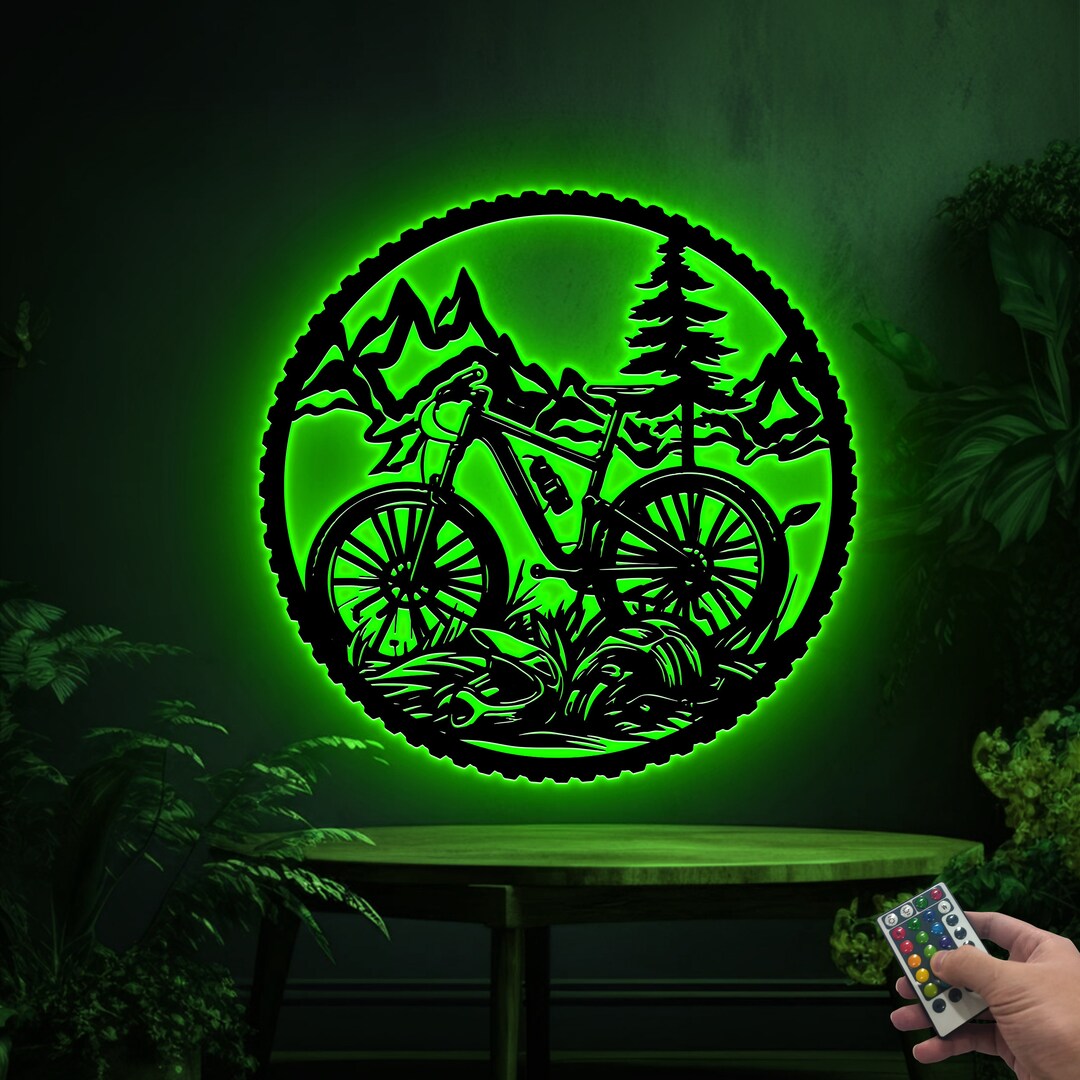 Metal Bicycle Wall Art With Led Lights, Mountain Biking Sign, Rider ...