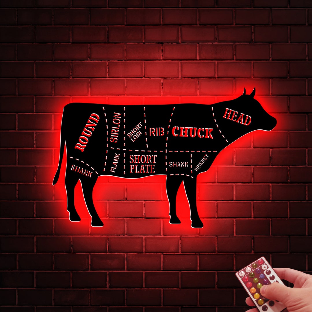 Cow Butcher Diagram Cuts of Beef Meat Metal Sign Led Light, Chef Gift ...