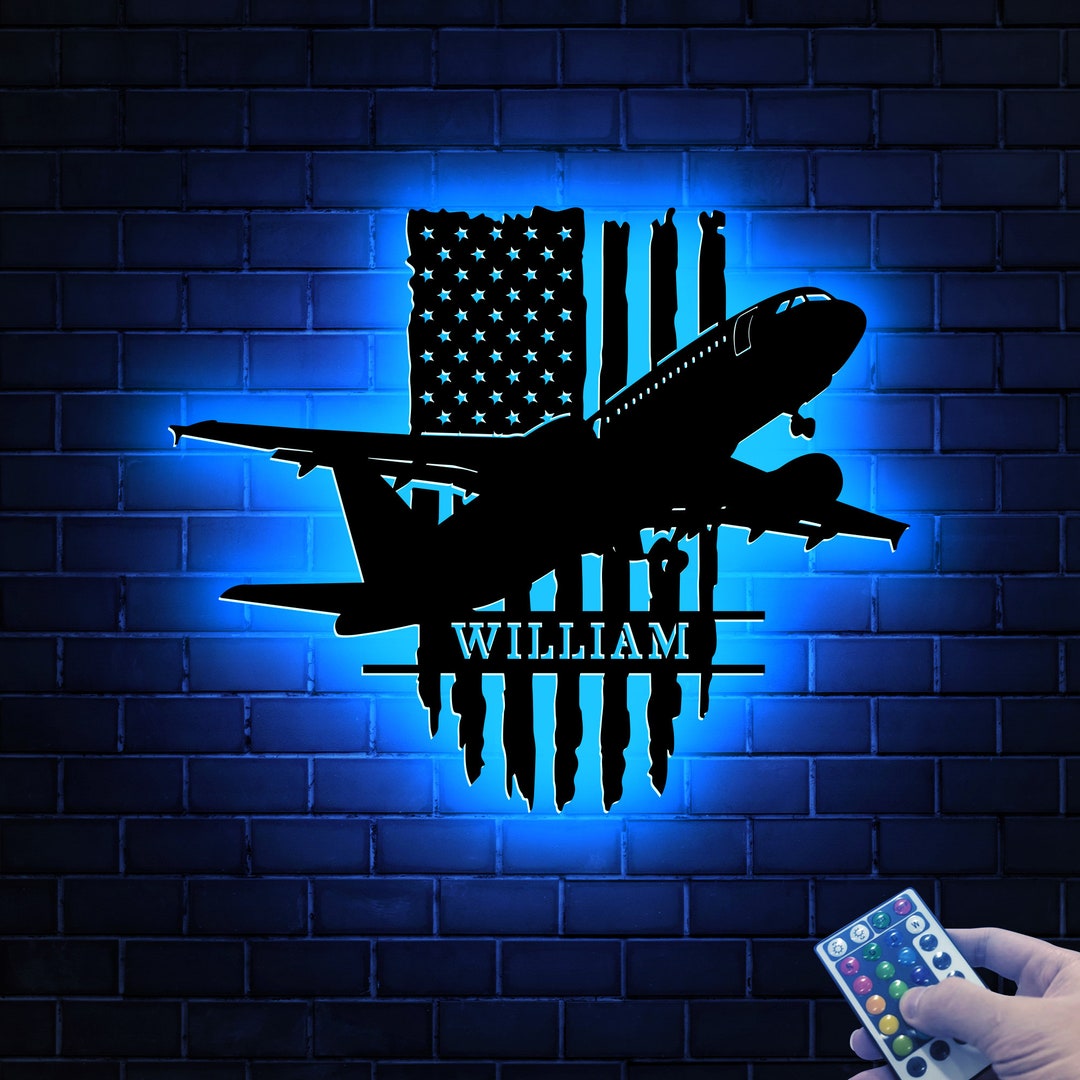 Personalized Airplane Metal Sign With LED Light, Custom Wall Art for ...