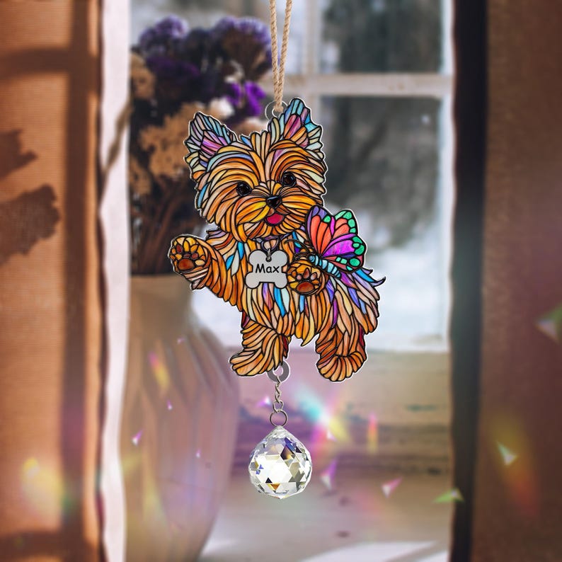 Yorkshire Terrier Acrylic Suncatcher With Crystal, Dog Name Suncatcher ...