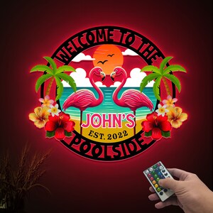 Custom Flamingo Metal Sign With Led Lights, Patio Palm Spring Sign ...
