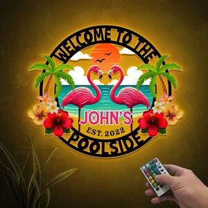 Custom Flamingo Metal Sign With Led Lights, Patio Palm Spring Sign ...