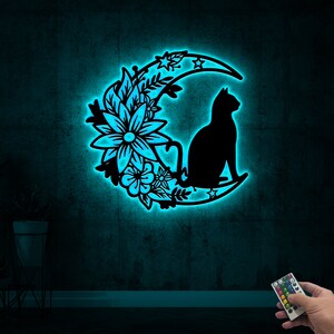 Floral Moon Cat Metal Sign With LED Light, Wall Decor - Etsy