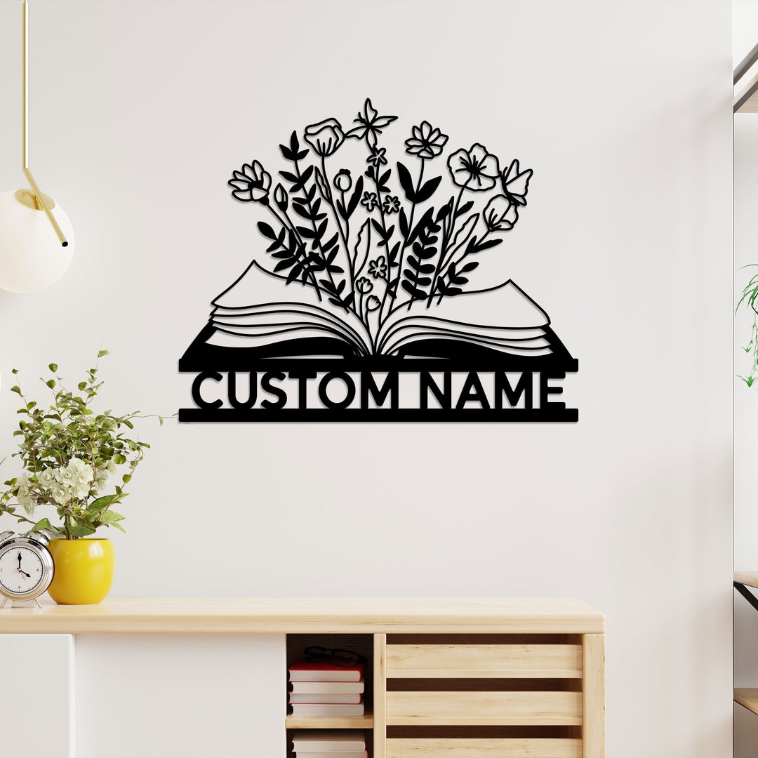 Custom Book Sign, Metal Wall With LED Light, Flower Book, Gift for Book ...