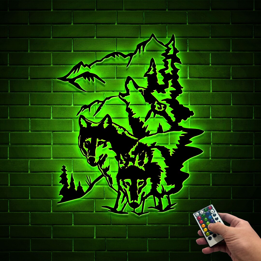 Howling Wolf Metal Sign Wall Art With Led Lights, Mountain Wall Art ...