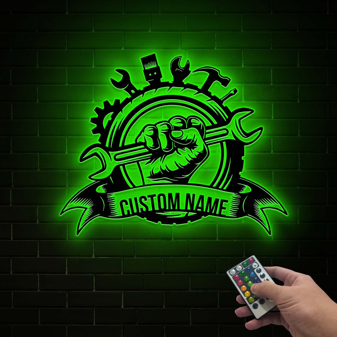 Personalized Garage Metal Sign With LED Lights, Mechanic Wall Decor - Etsy