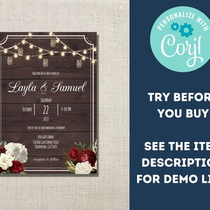 Rustic Wedding Invitation Printable Wedding Invitation Template Digital ...