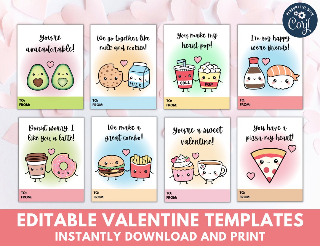 Editable Valentine Cards Template Cute Kawaii Food Valentine Cards Kids ...