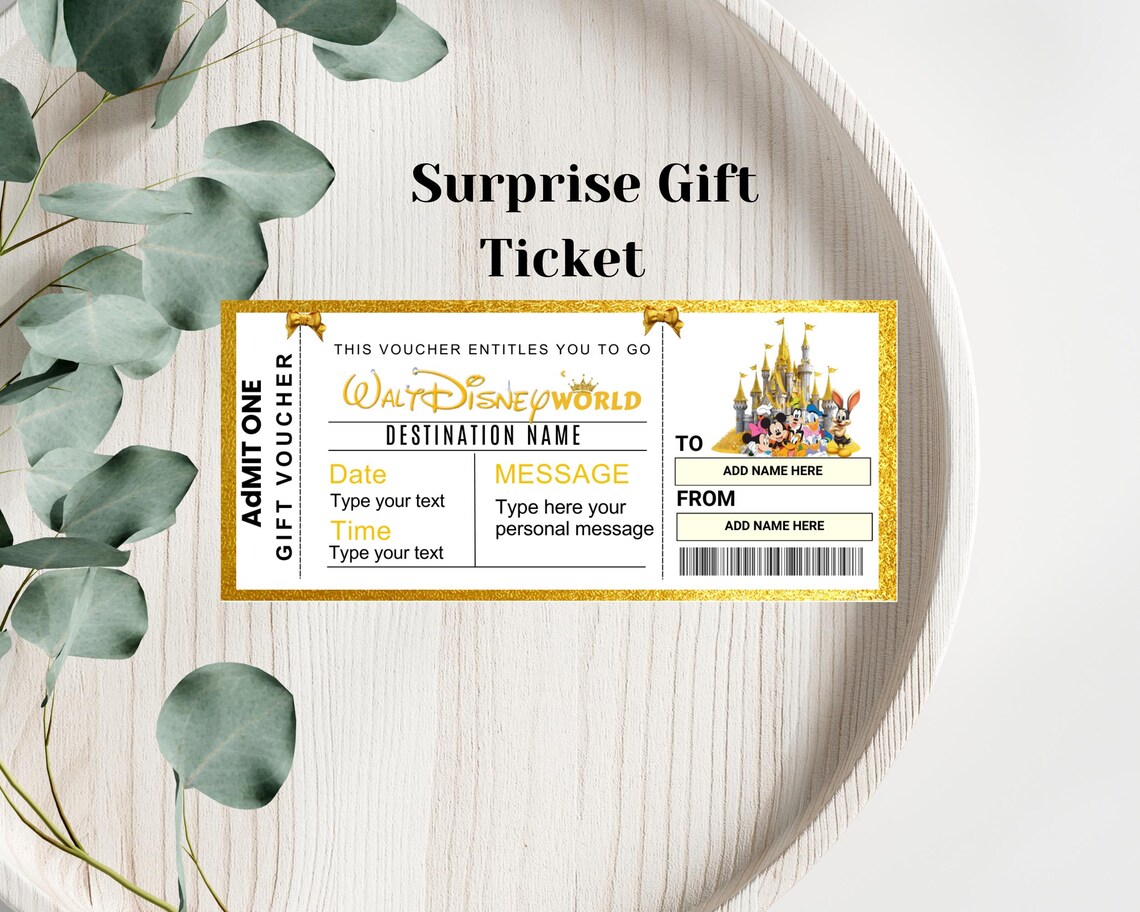 Printable Golden Disneyland Surprise Ticket Template,disneyworld Ticket ...