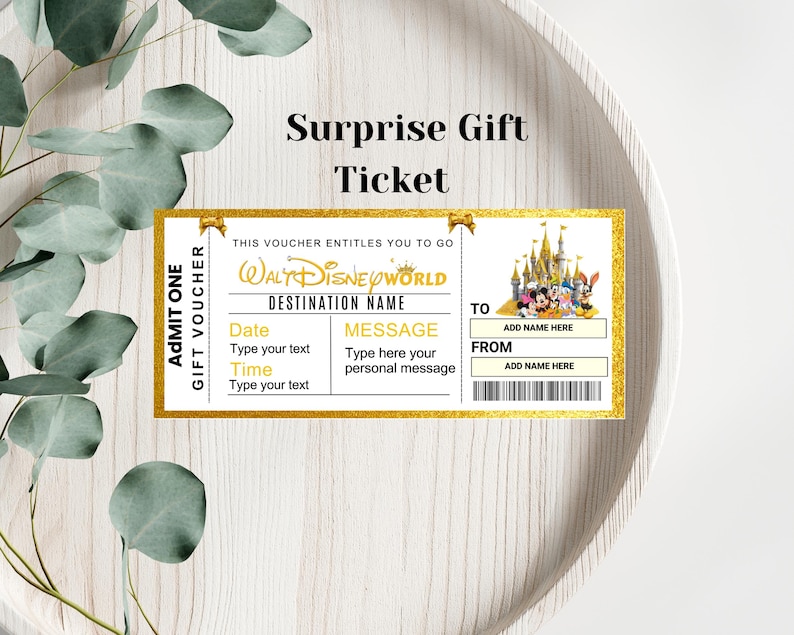Printable Golden Disneyland Surprise Ticket Template,disneyworld Ticket ...