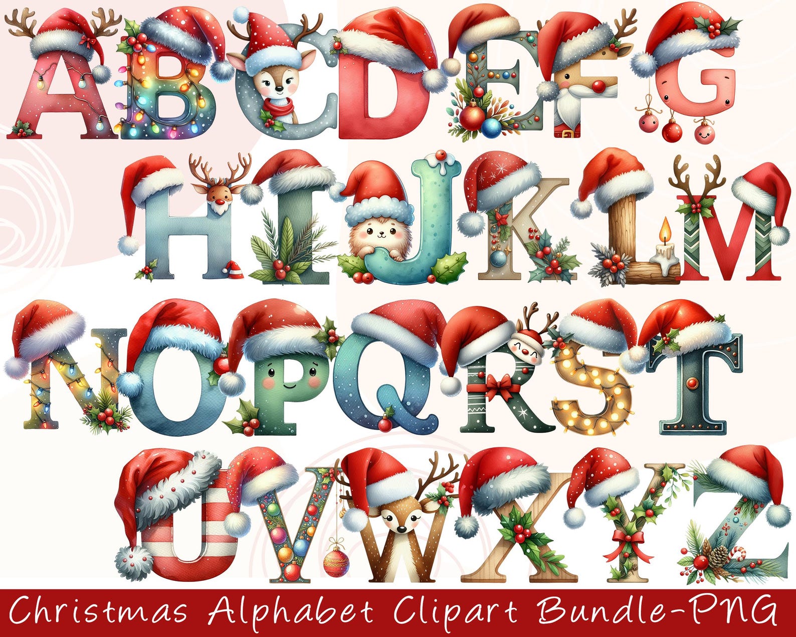 Christmas Alphabet Clipart Bundle | Festive Letter PNG Set | Holiday ...