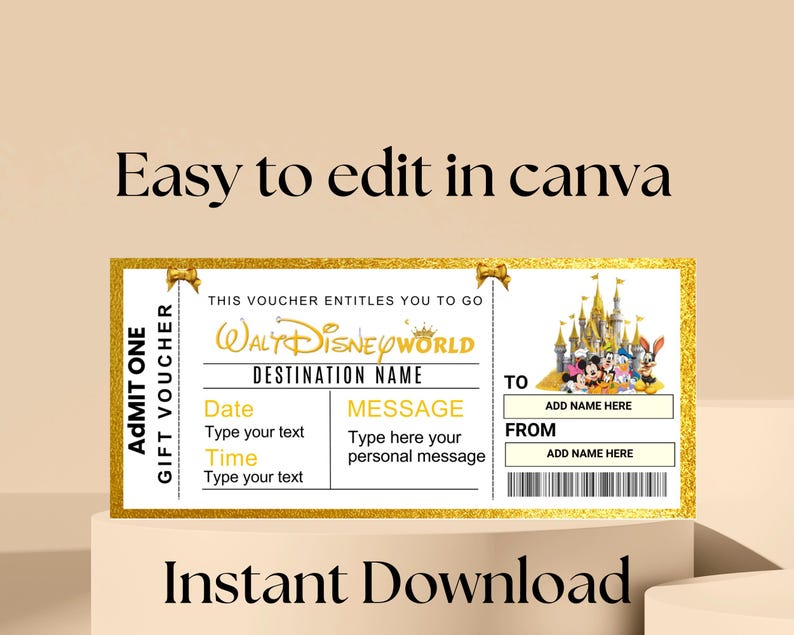 Printable Golden Disneyland Surprise Ticket Template,disneyworld Ticket ...