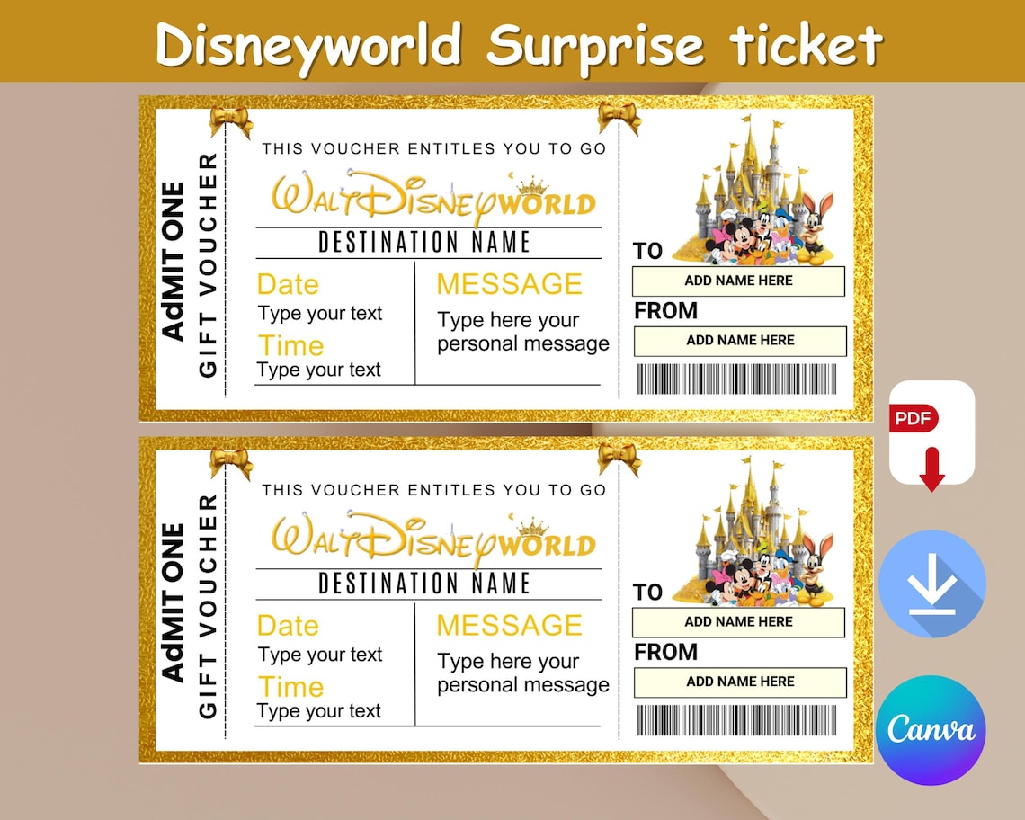 Printable Golden Disneyland Surprise Ticket Template,disneyworld Ticket ...