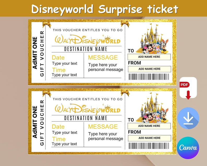 Printable Golden Disneyland Surprise Ticket Template,disneyworld Ticket ...