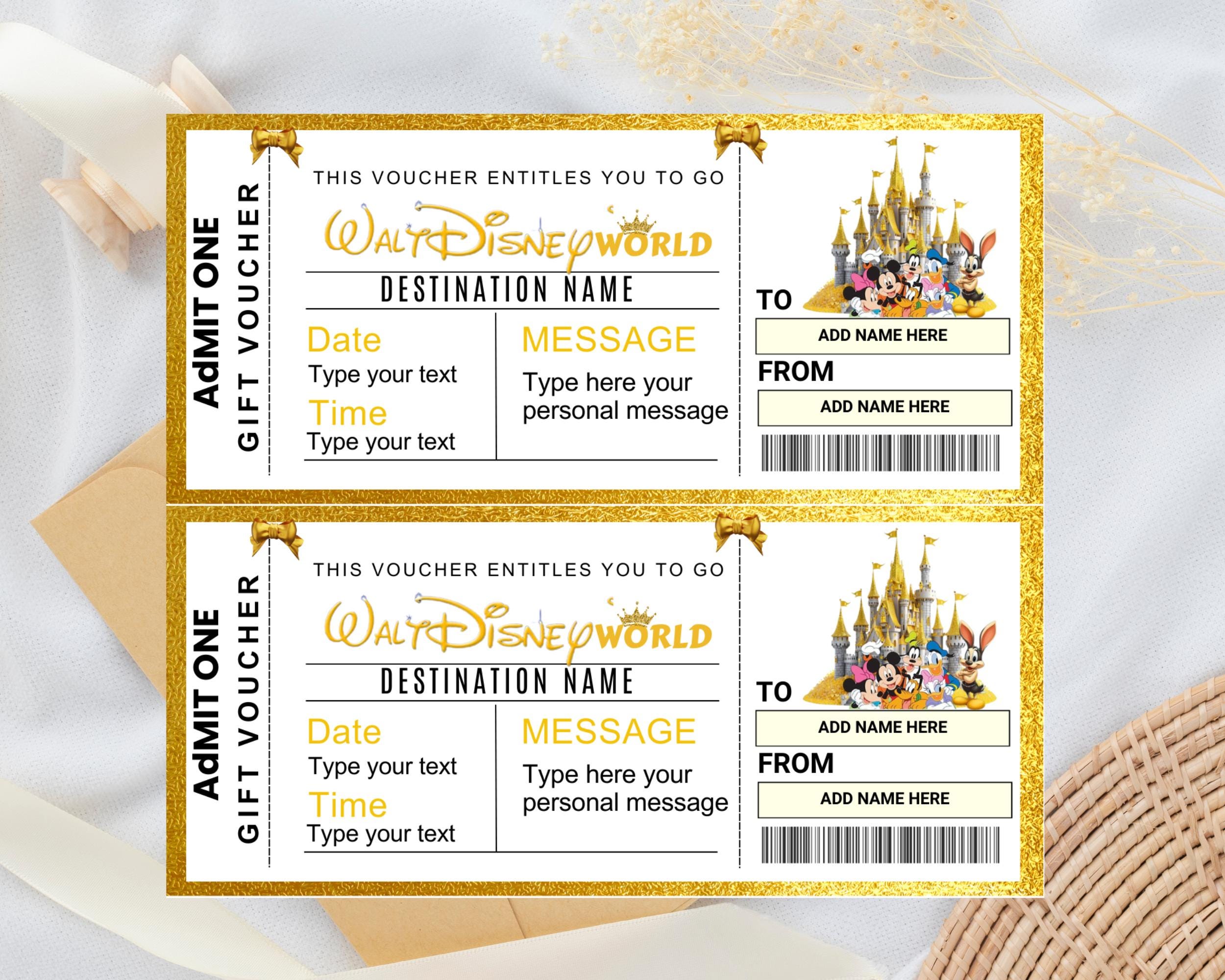 Printable Golden Disneyland Surprise Ticket Template,disneyworld Ticket ...