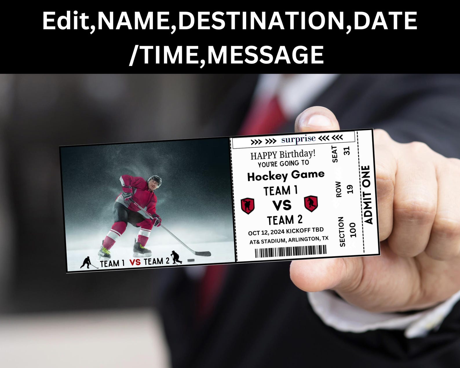 Hockey Game Ticket Template,hockey Game Ticket Editable,hockey Game ...