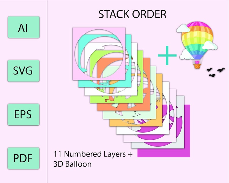 3d Air Balloon Svg, Hot Air Balloon SVG Shadow Box Template, 3D Balloon ...