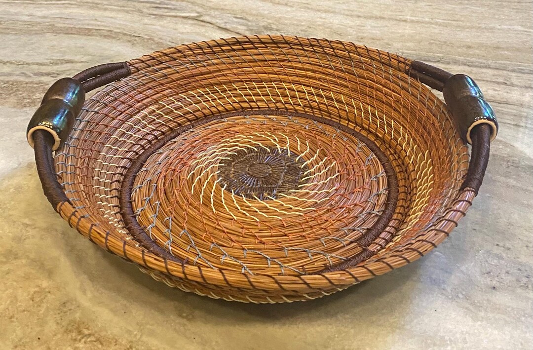 Large Round Longleaf Pine Needle Basket With Handmade Ceramic Handles ...