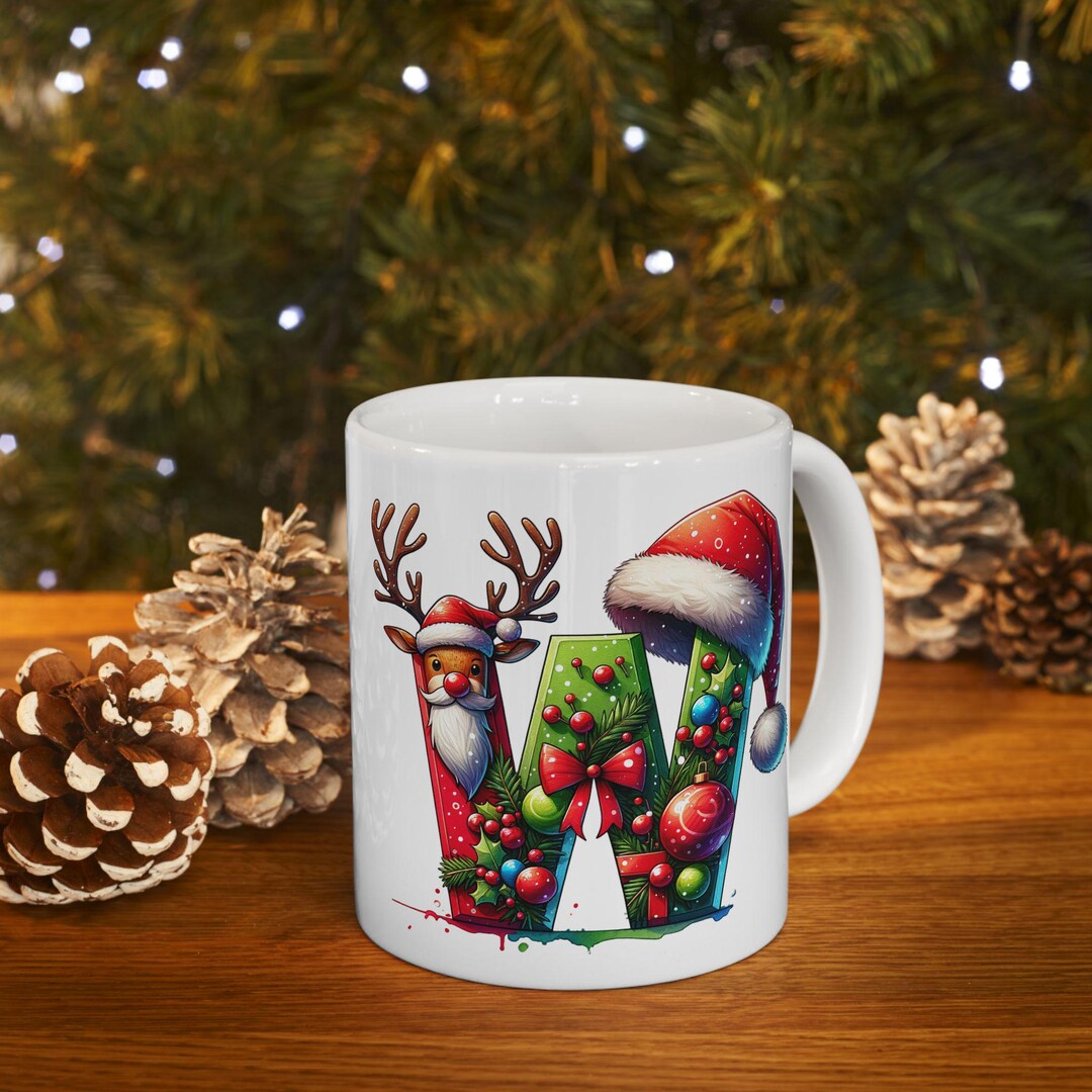 Christmas Letter W Mug | Festive Santa Reindeer Hat Holiday Ceramic Mug ...