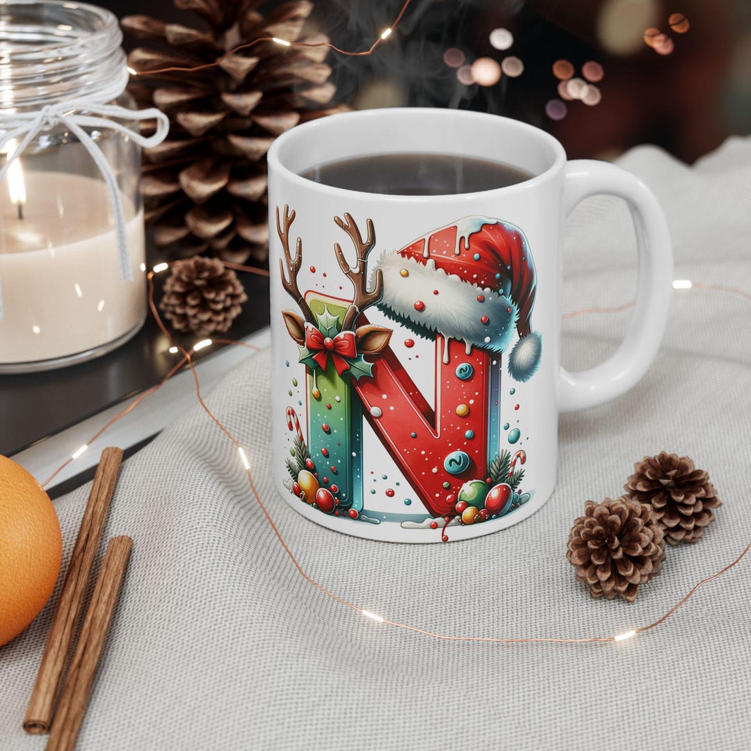 Christmas Letter N Monogram Mug | Holiday Santa Hat Reindeer Initial ...