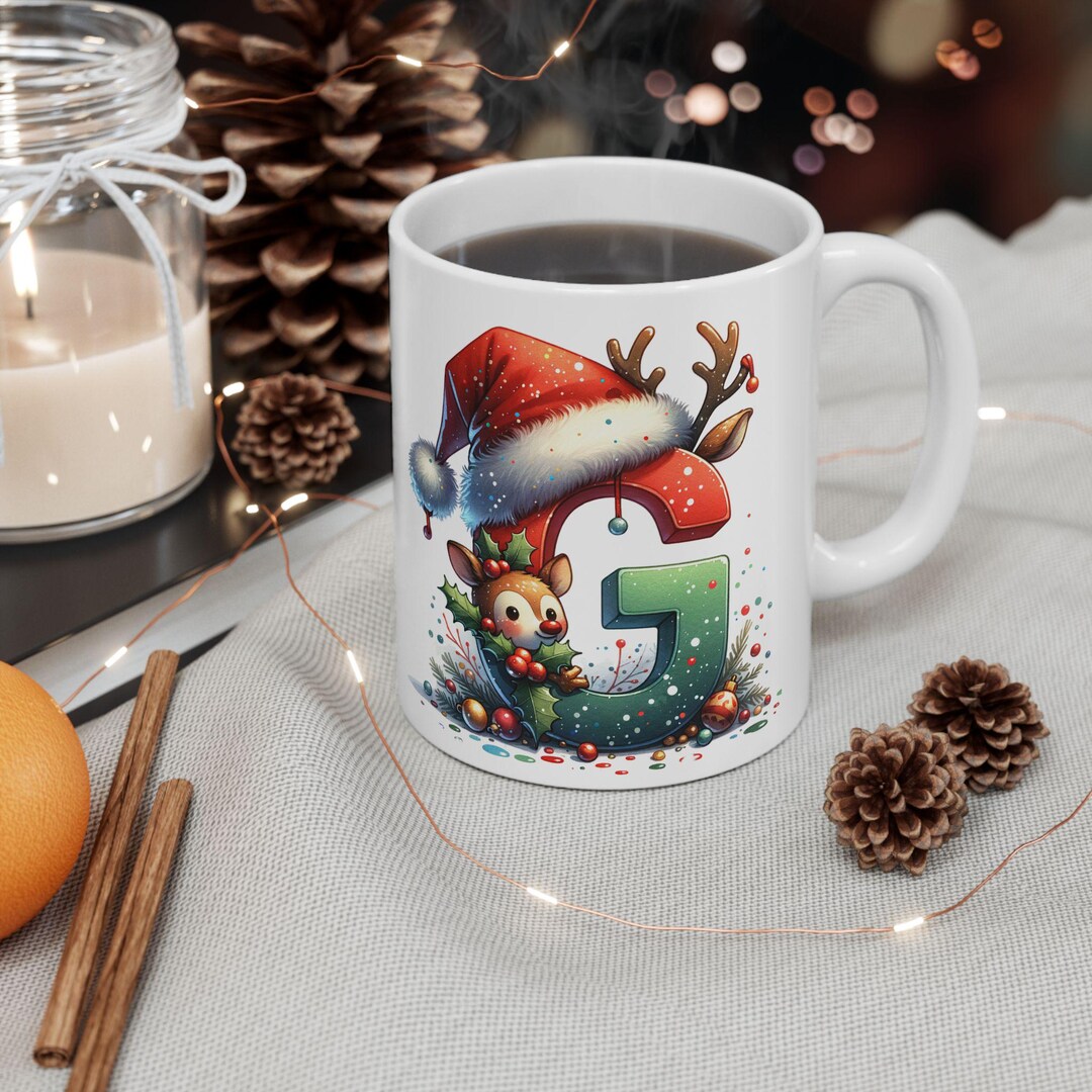 Christmas Letter G Mug, Reindeer Initial Mug, Santa Hat Monogram Cup ...