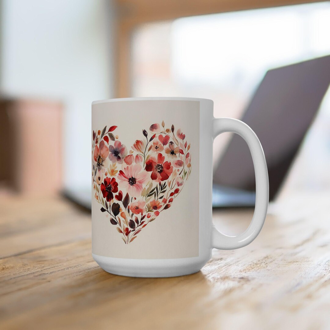 Watercolor Floral Heart Mug ,floral Heart Ceramic Mug, Valentine Day ...