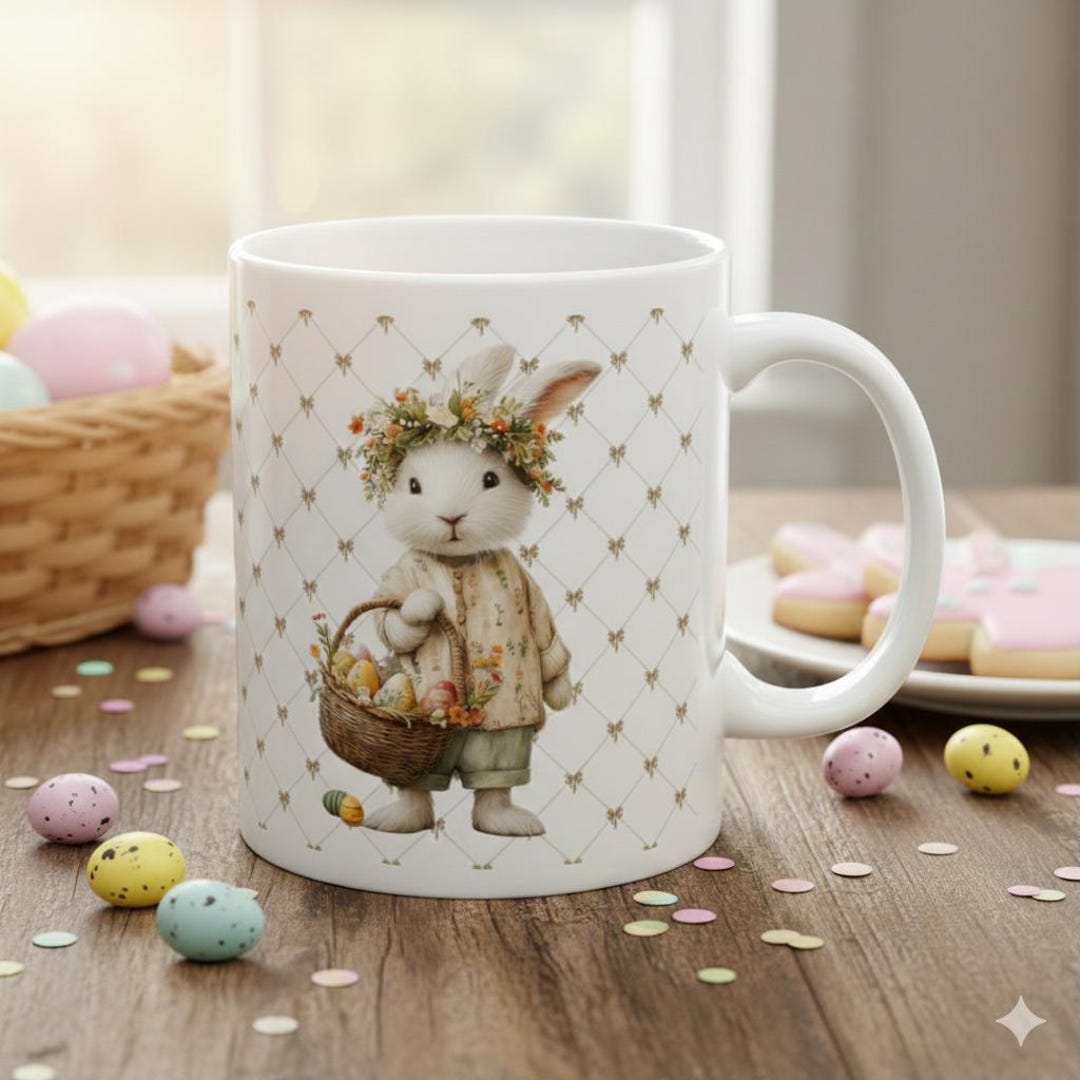Easter Bunny Mug With Flower Crown, Vintage Rabbit Coffee Cup,easter ...