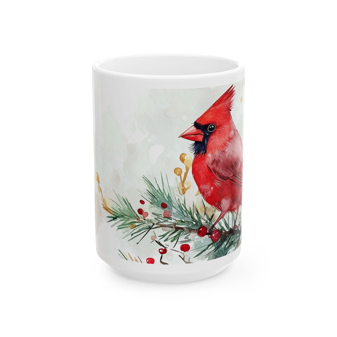 Red Cardinal on Pine Branch Mug | Christmas Winter Bird Ceramic Mug 15 ...