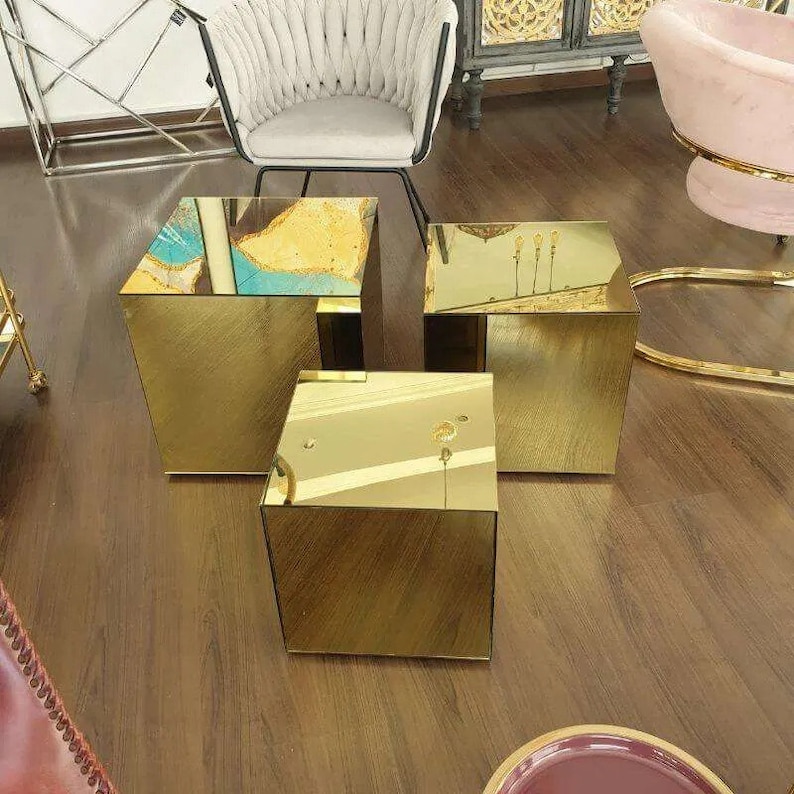 GOLD Mirror Glass Cube Table - Etsy
