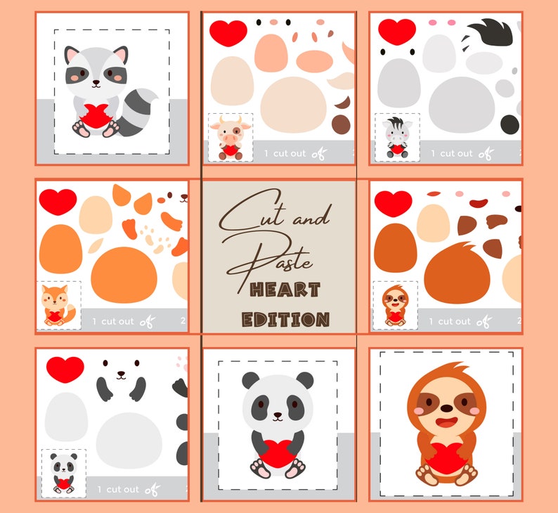 Animals Cut and Paste Activity for Kids. Valentines Day Kindergarten ...