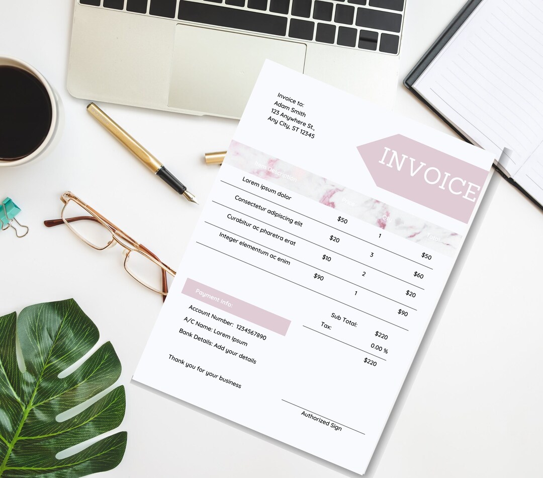 Business Invoice Template. Marble Accents Design. Downloadable ...