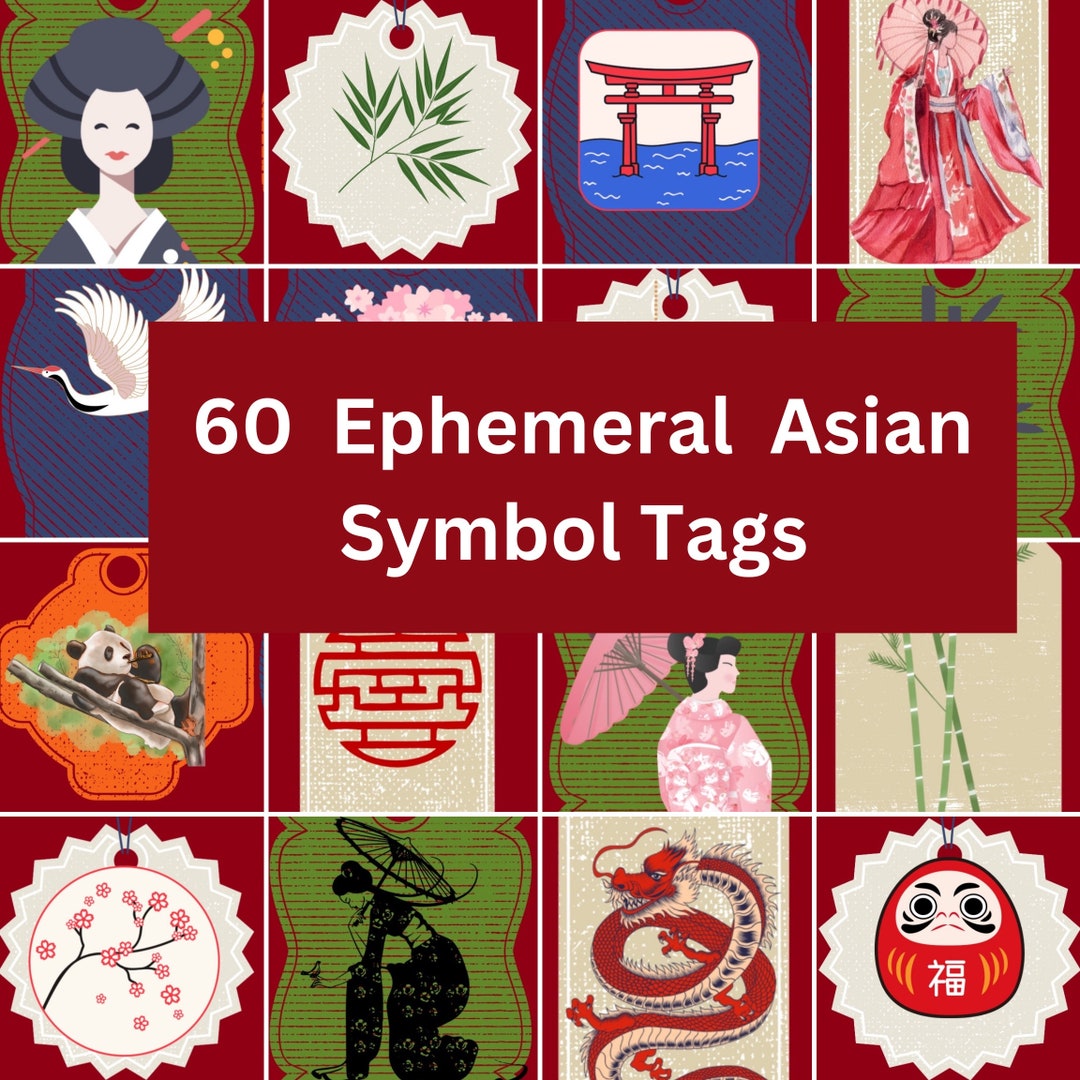 60 Asian Symbols From Japan/china on Brightly Colored Craft Tags ...