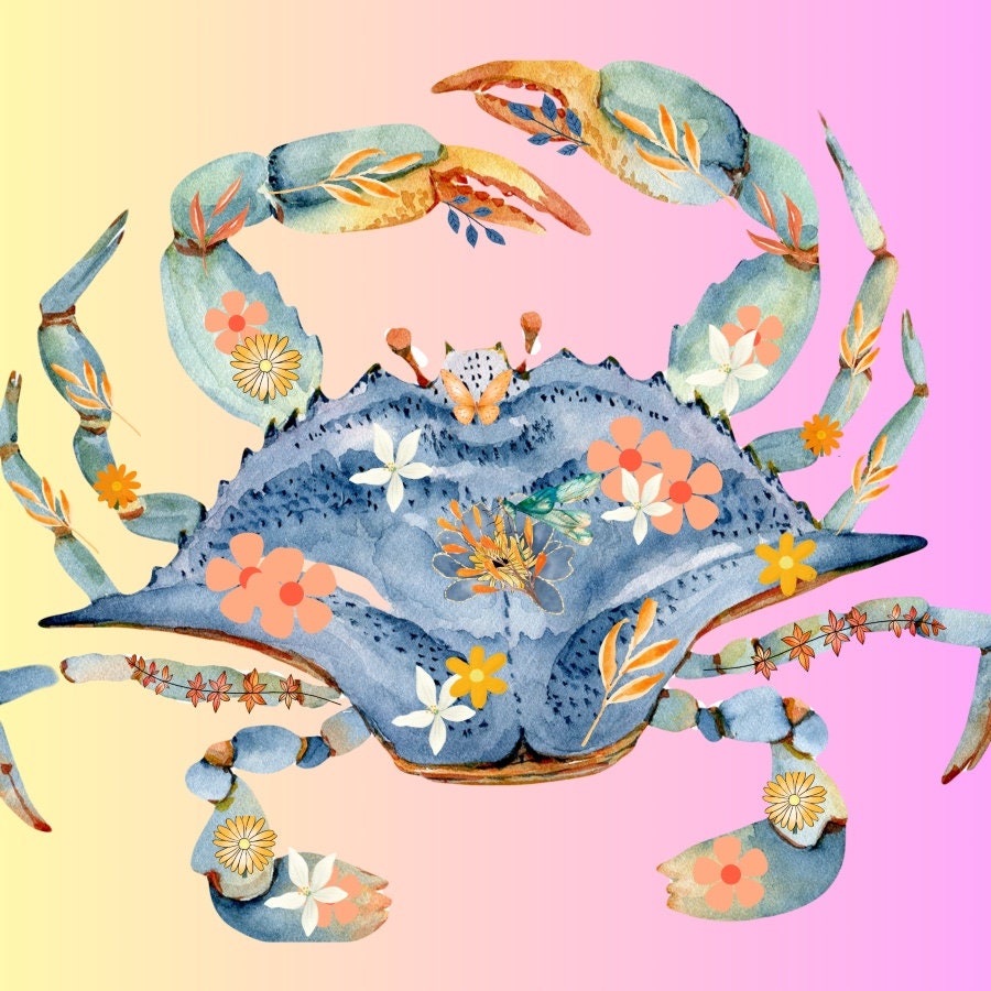 Watercolor Blue Crab and Oyster Art, Painted Figure, Crab Decor ...