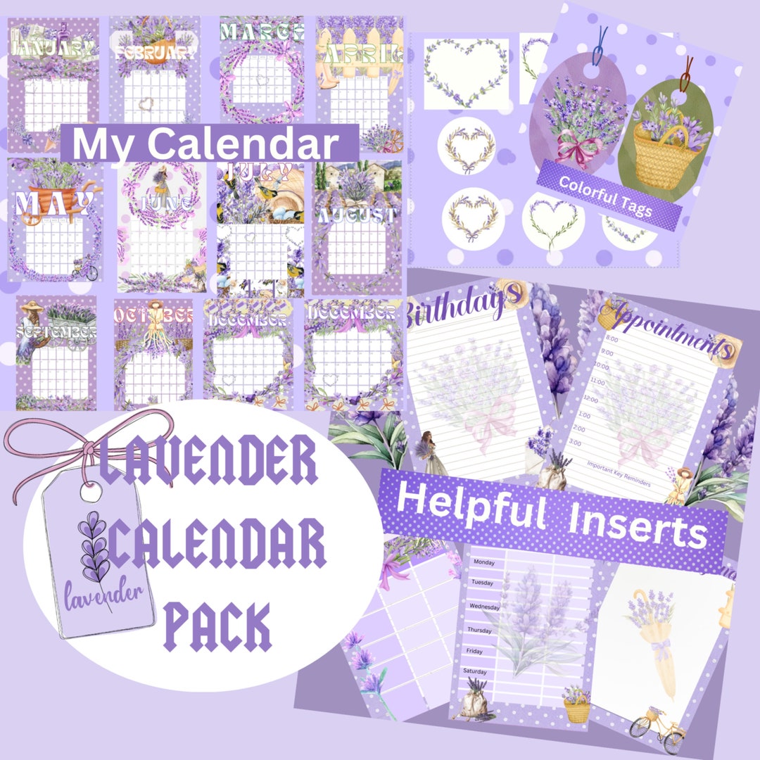 Lavender Calendar Cards Printable, 12 Month Desk Calendar, Lavender ...