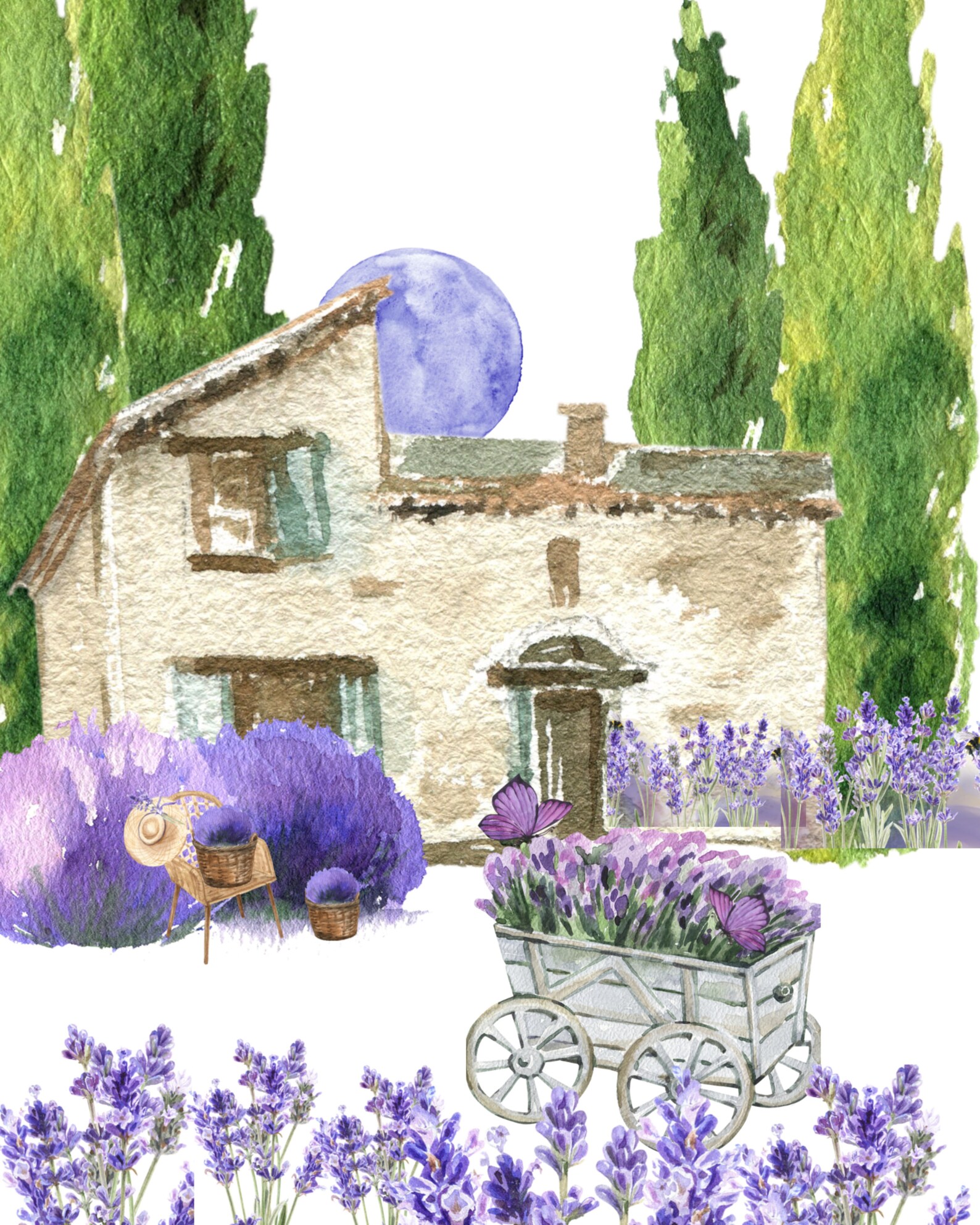 Lavender Watercolor Harvest french Country Landscape Girl - Etsy