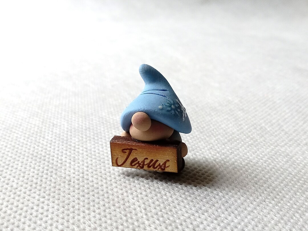 JESUS Miniature Clay Gnome, Tiny Gnome With Small Wood Sign, Cute Fairy ...