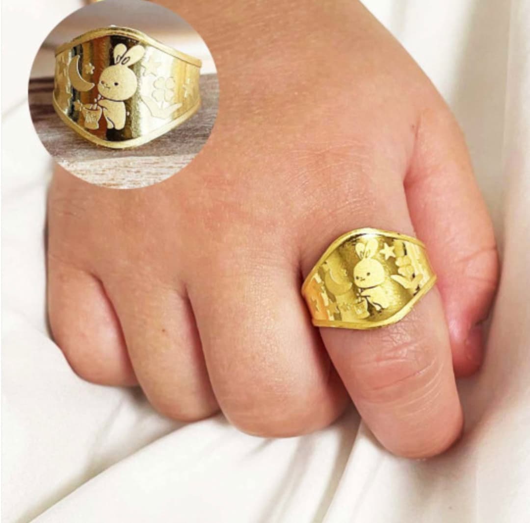 Gold Rabbit Baby Ring 24K 0.999 Pure 1.875g 반돈 1g | Dol Ring | Engraved ...